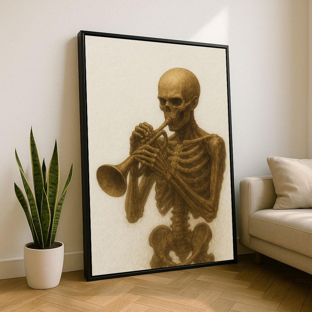 Eerie Skeleton Trumpet Player Canvas Wall Art Print | Brown Living Room ...