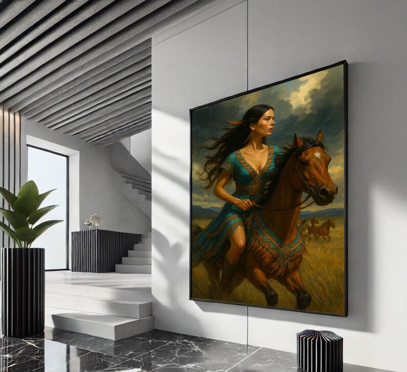 Native Woman Riding Horse Canvas Art | Turquoise Living Room Decor - Etsy