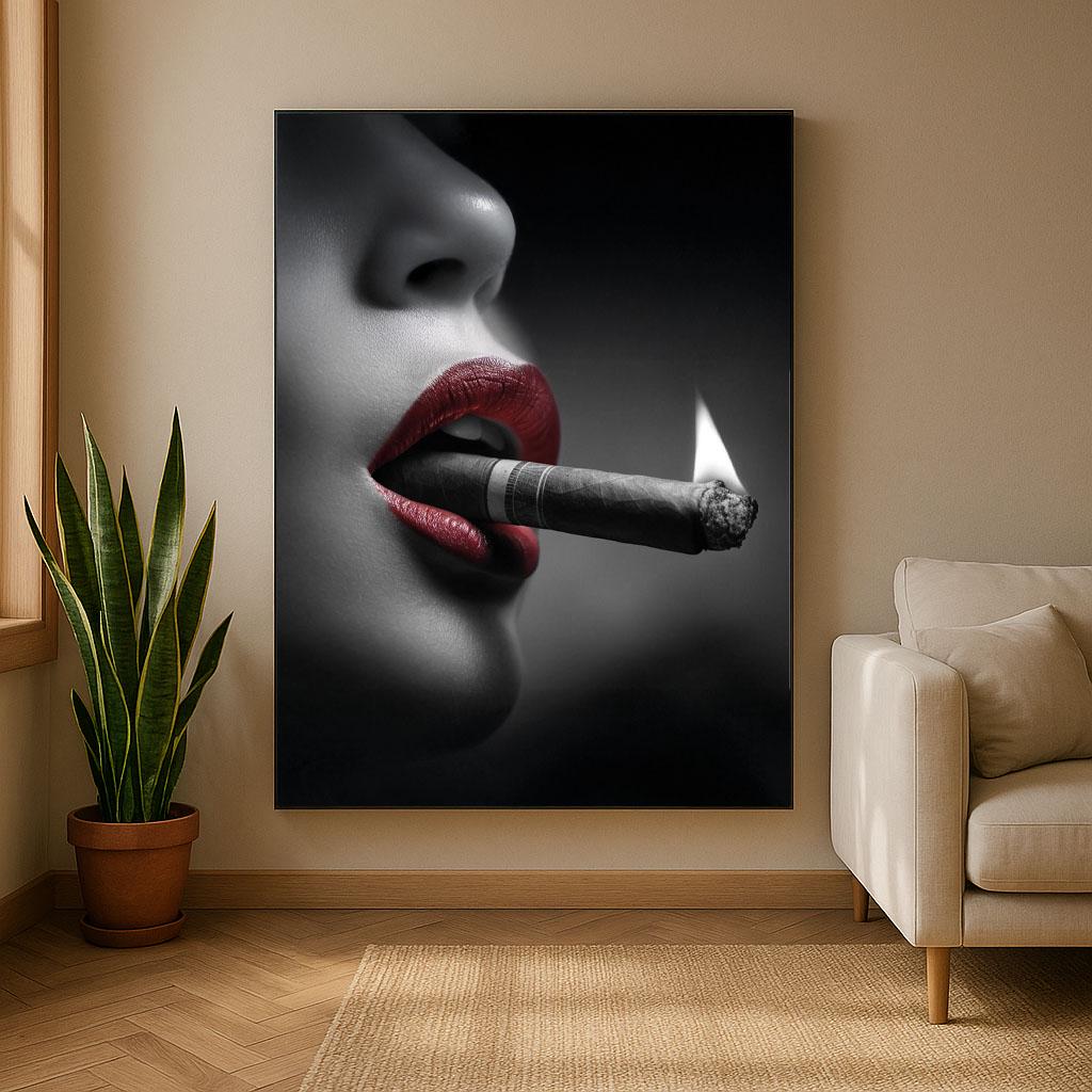 Smoking Woman Cigar Canvas Print | Bold Red Lips, Modern Art - Etsy