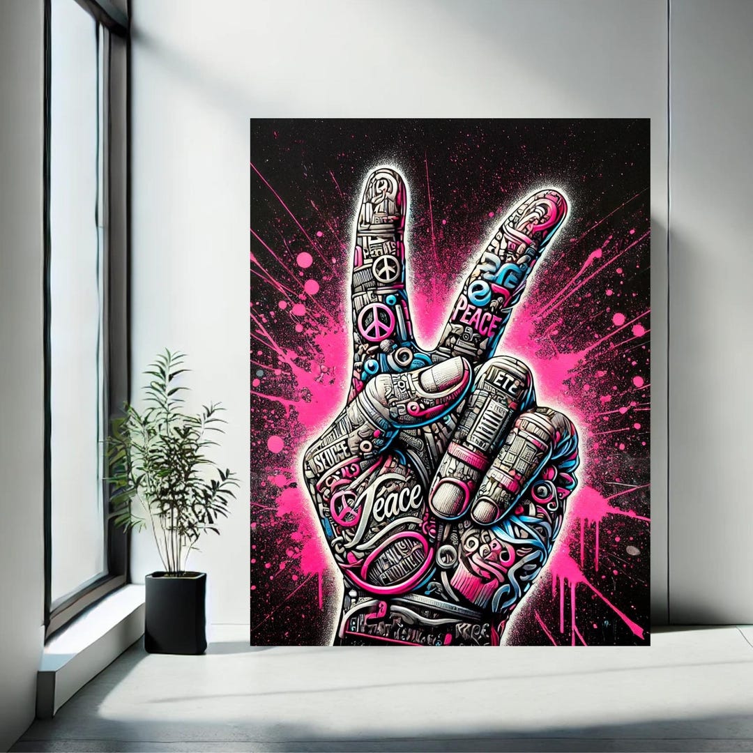Urban Graffiti Victory Sign Canvas Wall Art, Banksy Style Modern Canvas ...