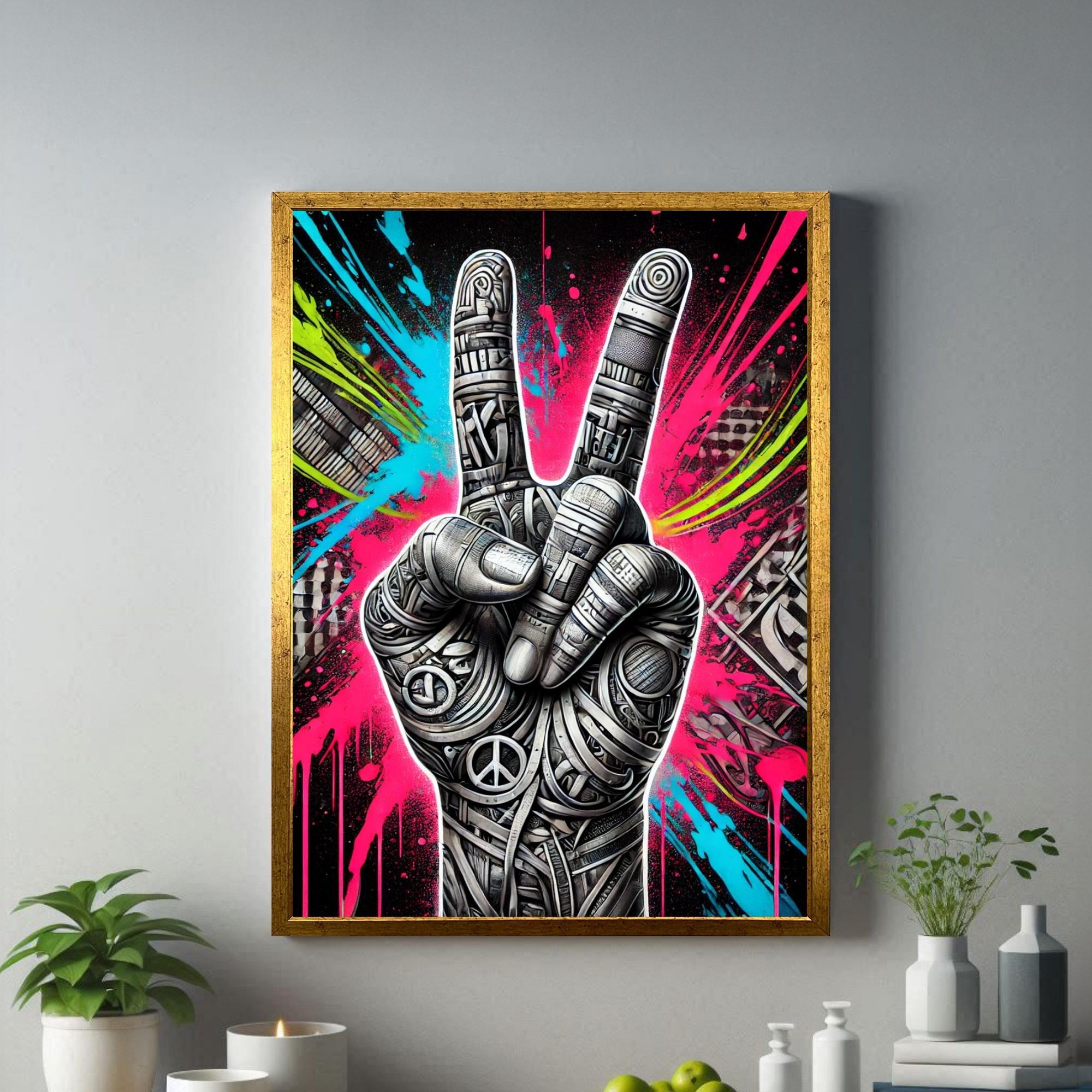 Urban Graffiti Victory Sign Canvas Wall Art, Banksy Style Modern Canvas ...