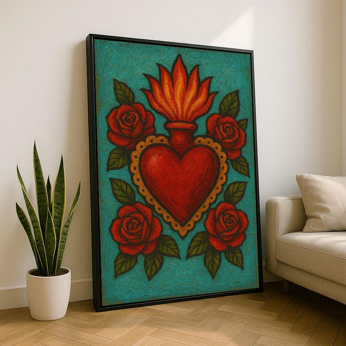 Sacred Heart With Roses Mexican Canvas Wall Art Print | Vibrant Living ...
