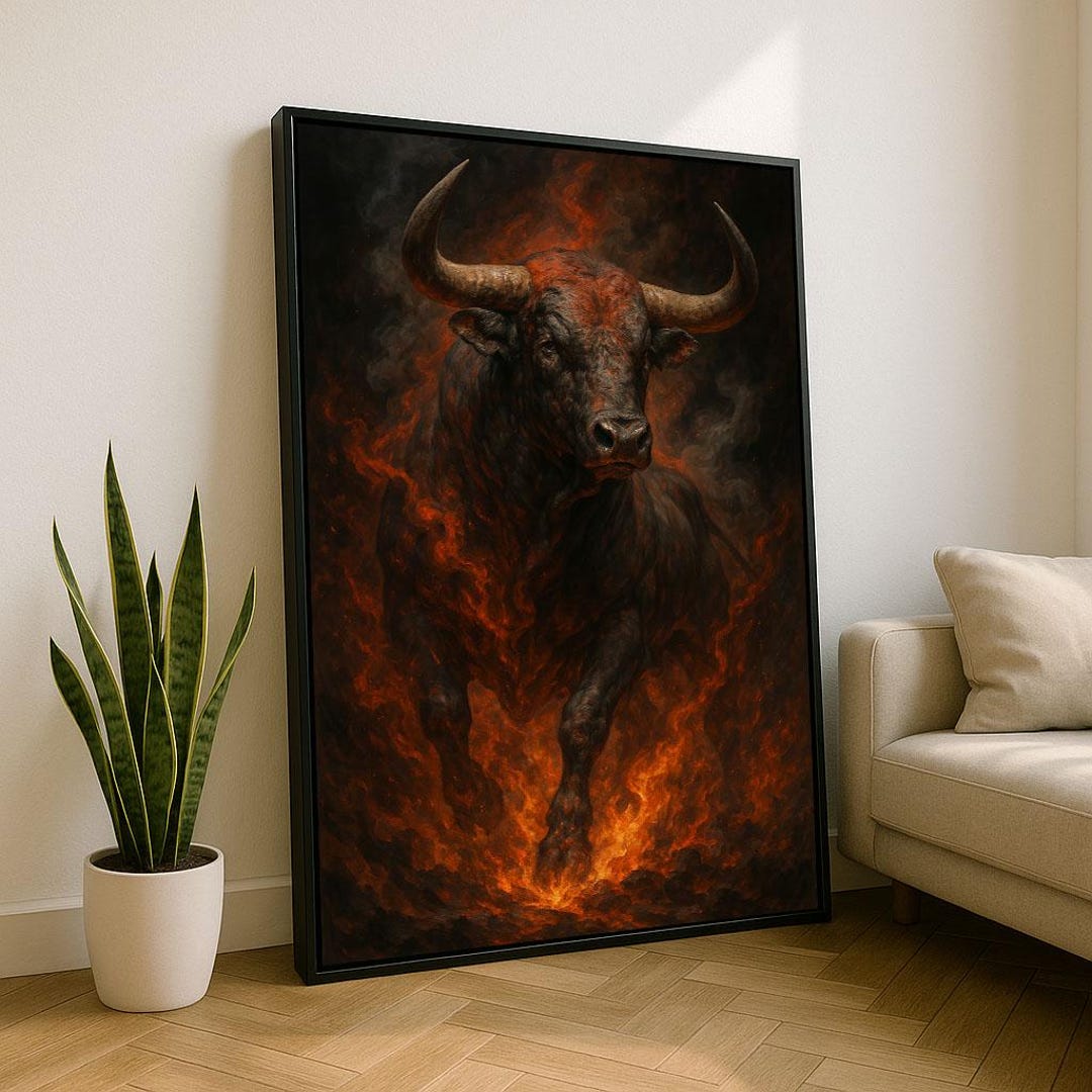 Fierce Bull in Flames Canvas Wall Art Print Dramatic Abstract Living ...