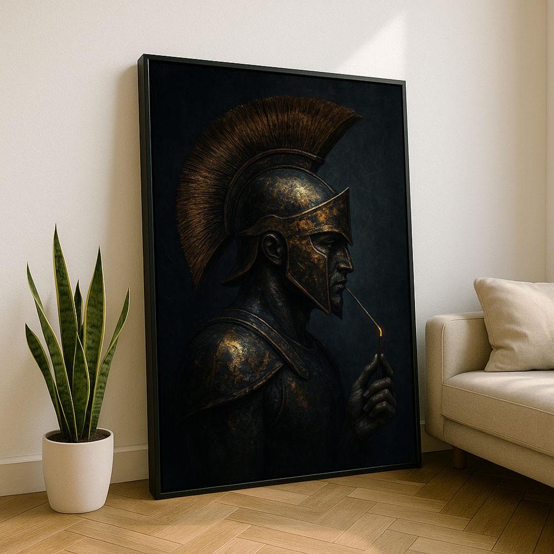 Bold Spartan Warrior Canvas Wall Art Print | Dark Tone Living Room ...