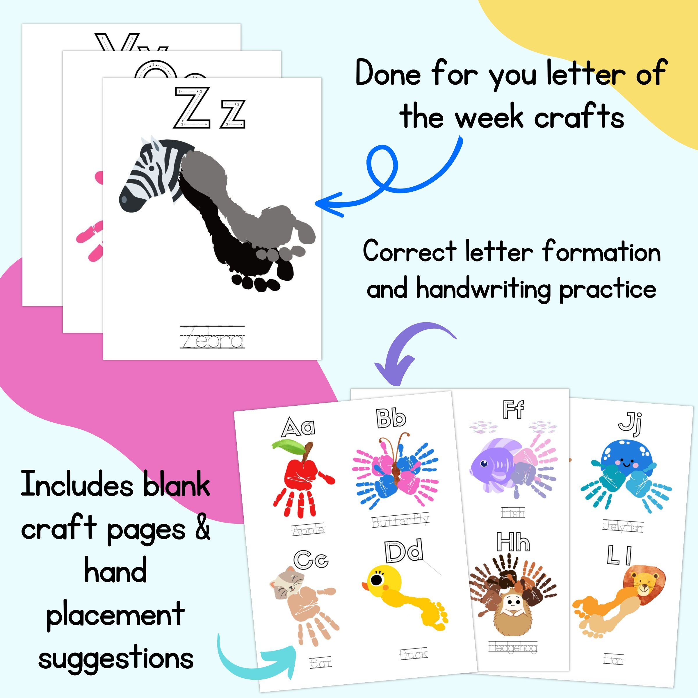 Alphabet Handprint Crafts & Handwriting Worksheet Bundle - Letter of ...