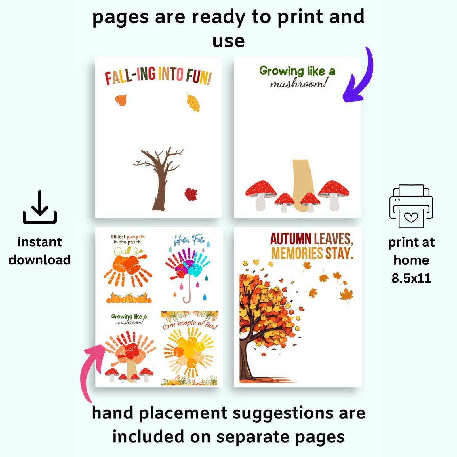 Fall Handprint Craft Printable Bundle - 20 Handprint Crafts for Autumn ...