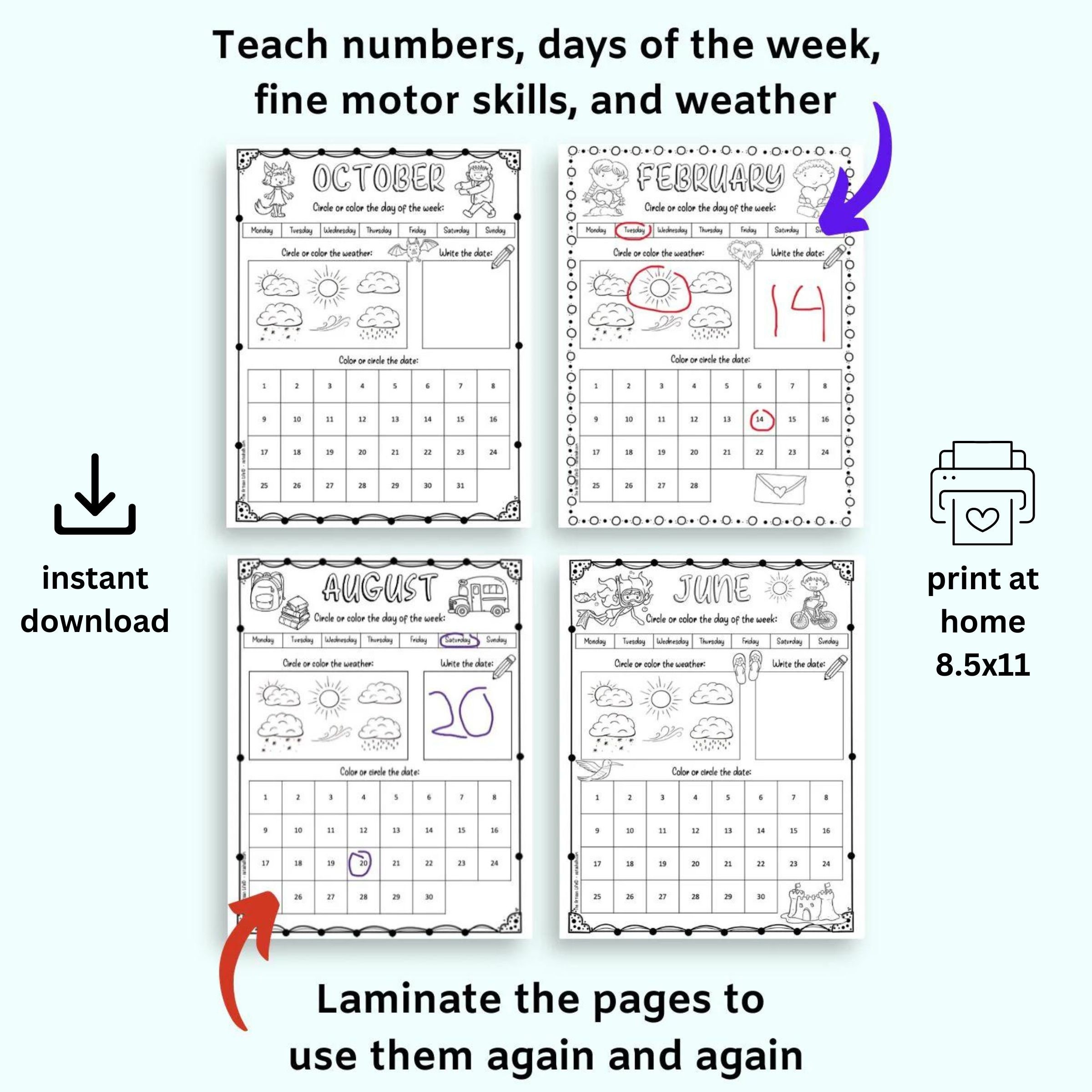 12 Months Printable Preschool Calendar Worksheet Pages - Kid's Daily ...