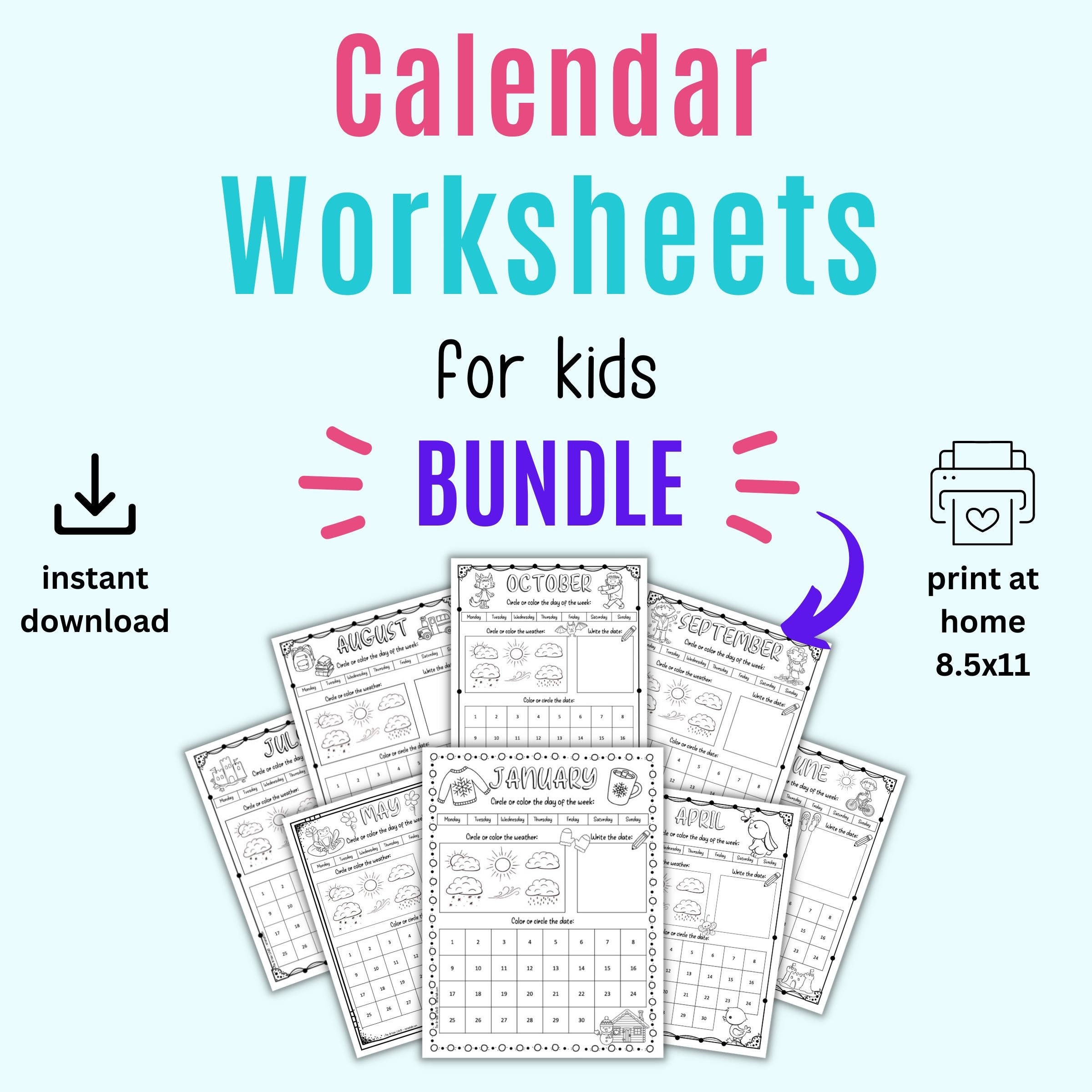 12 Months Printable Preschool Calendar Worksheet Pages - Kid's Daily ...