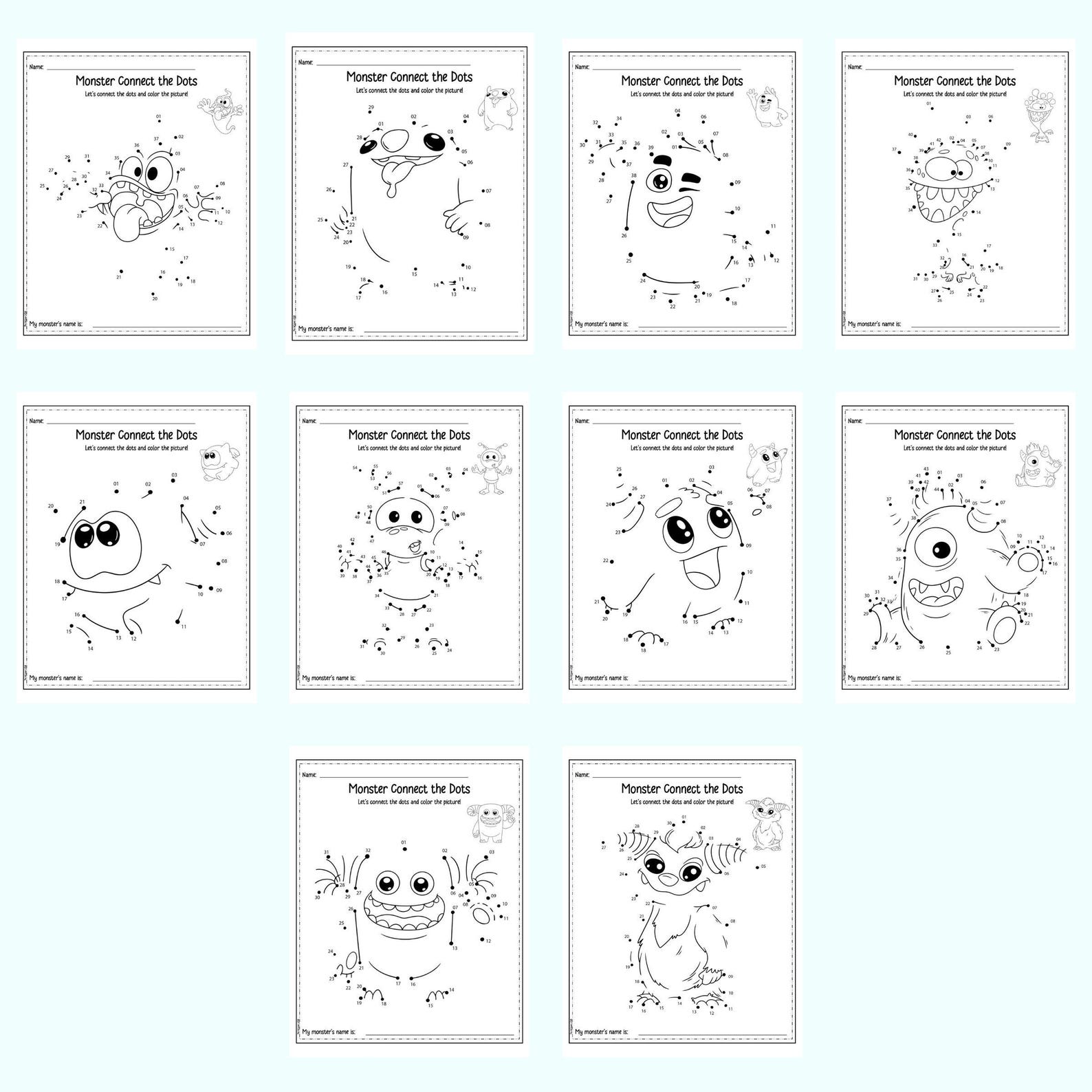 Monster Connect the Dots Worksheets - Cute Monster Dot to Dots for ...