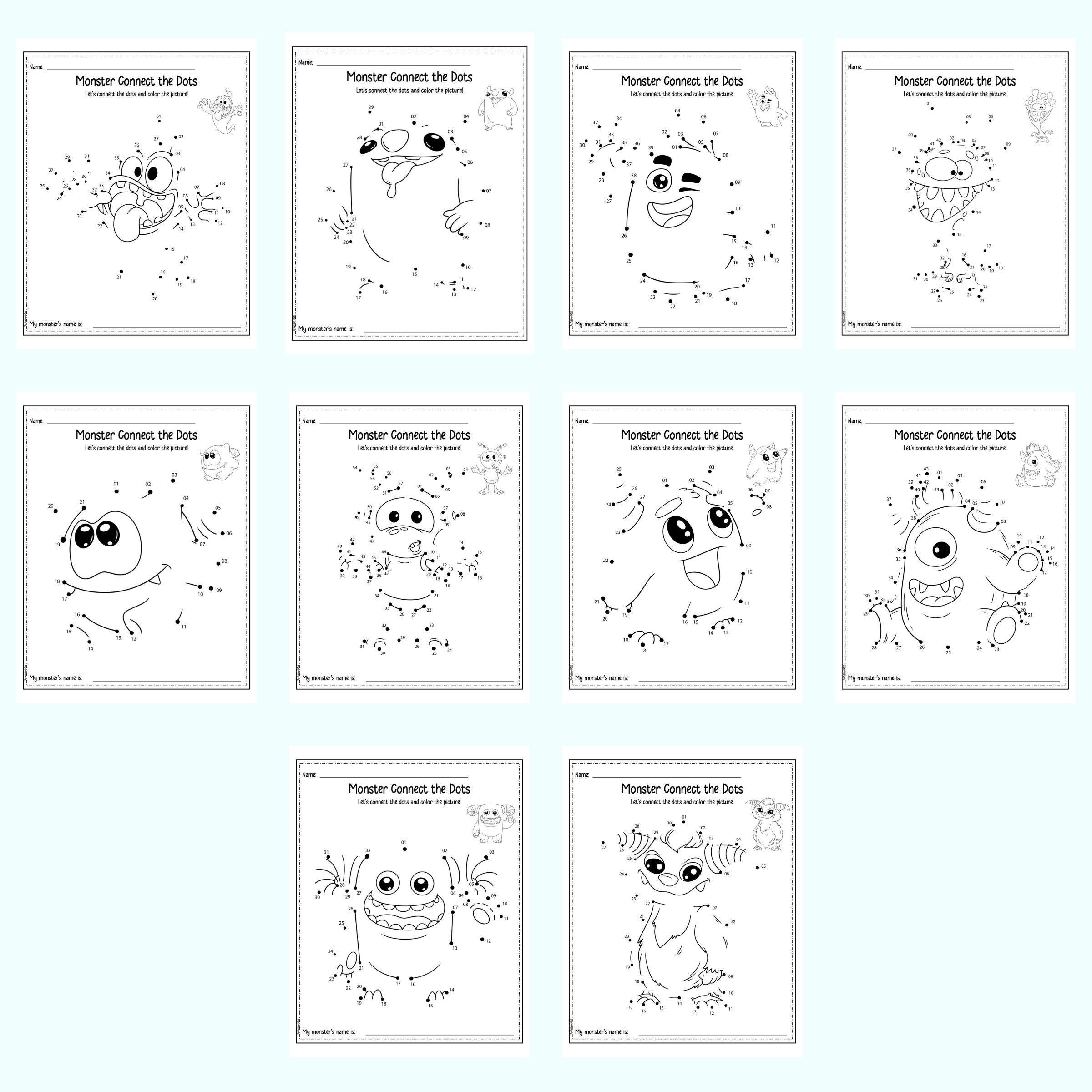 Monster Connect the Dots Worksheets - Cute Monster Dot to Dots for ...