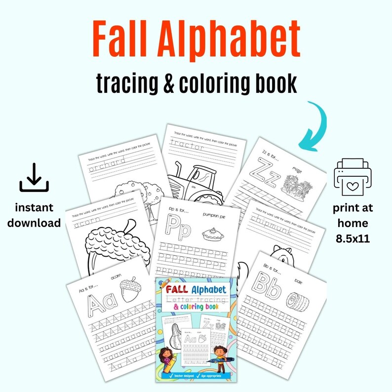 Fall Alphabet Handwriting Workbook and Coloring Book for Kindergarten ...
