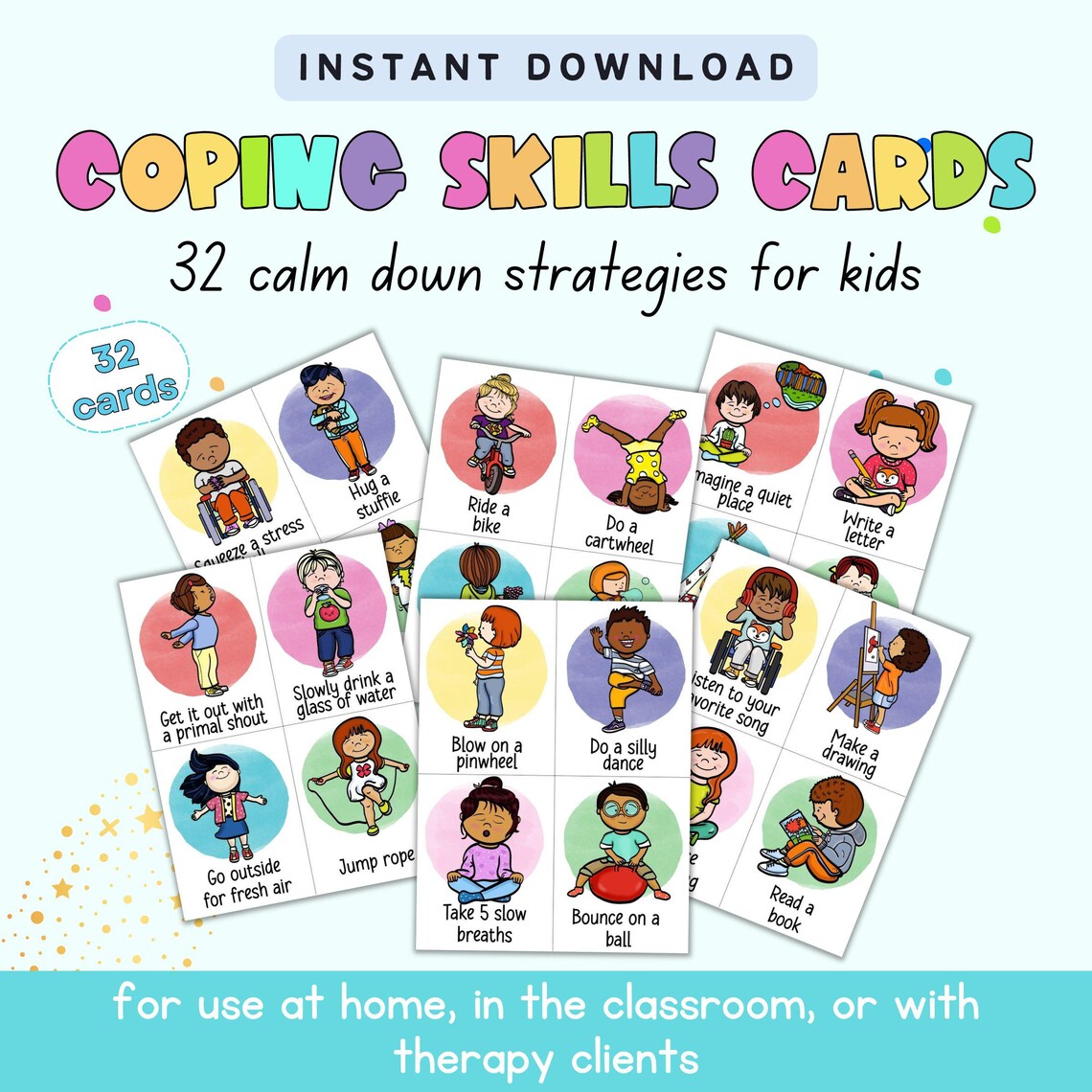 Coping Skills Cards for Kids - 32 Calm Down Strategy Cards for Kids for ...
