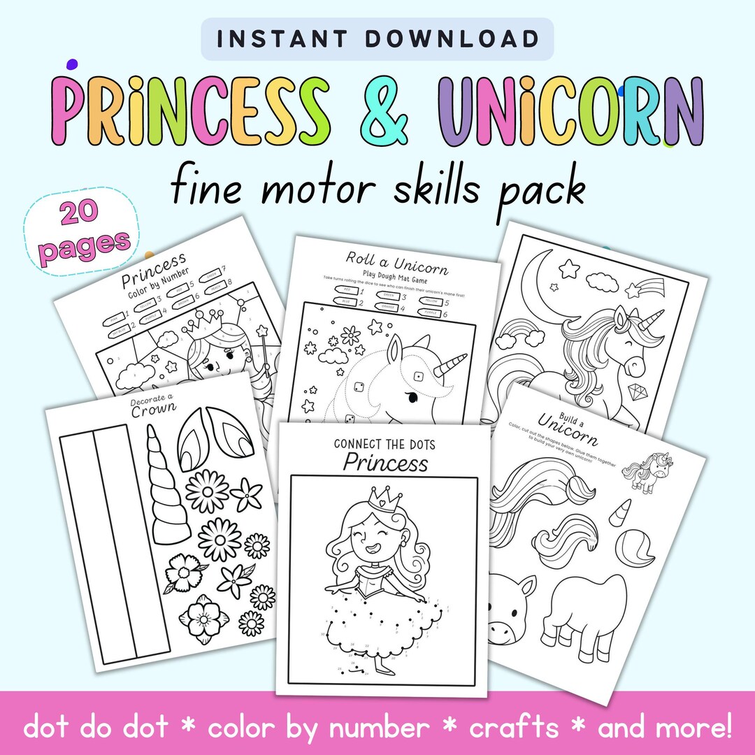 Princess & Unicorn Fine Motor Activity Pack - Cut + Paste Crafts Color ...
