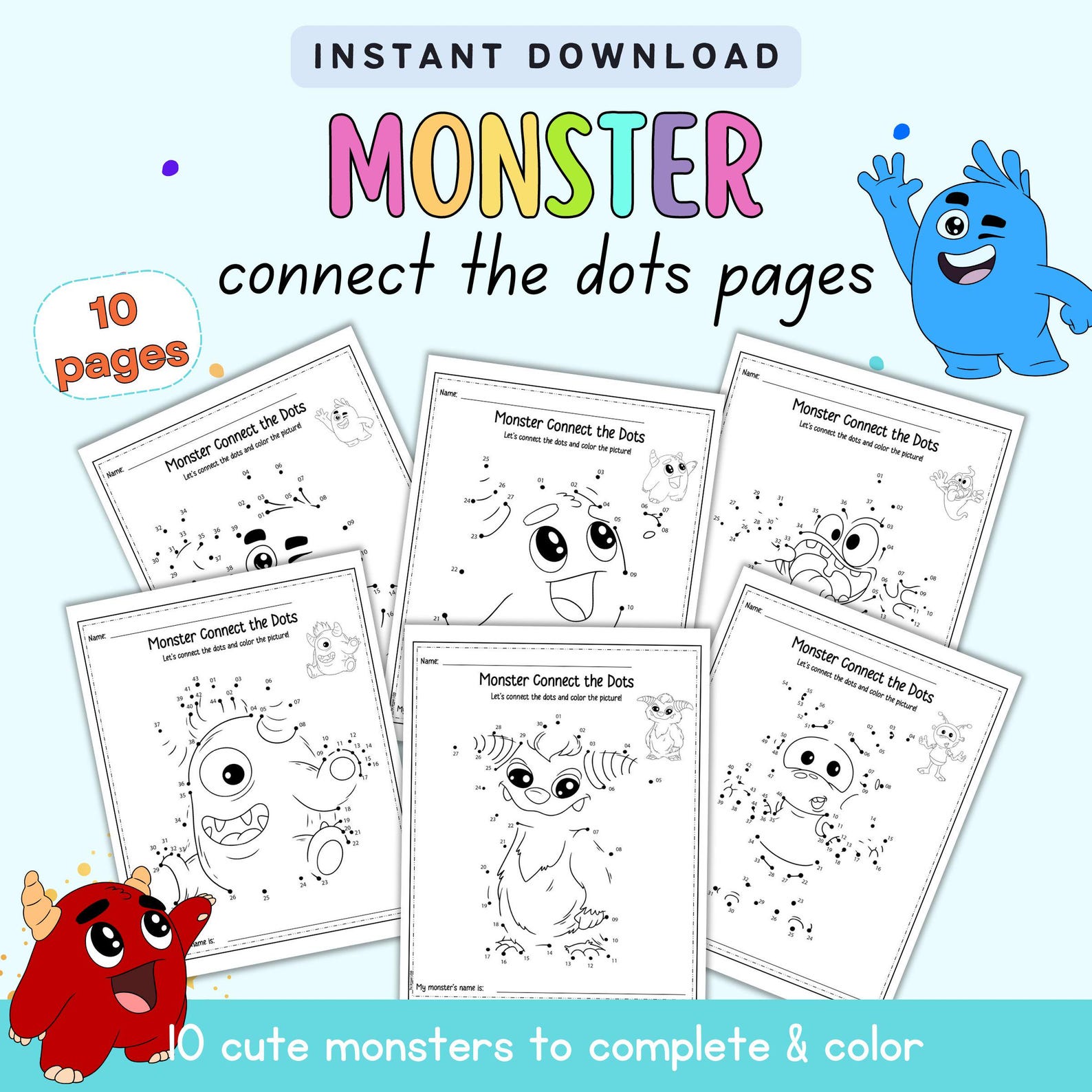 Monster Connect the Dots Worksheets - Cute Monster Dot to Dots for ...