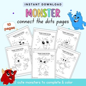 Monster Connect the Dots Worksheets - Cute Monster Dot to Dots for ...