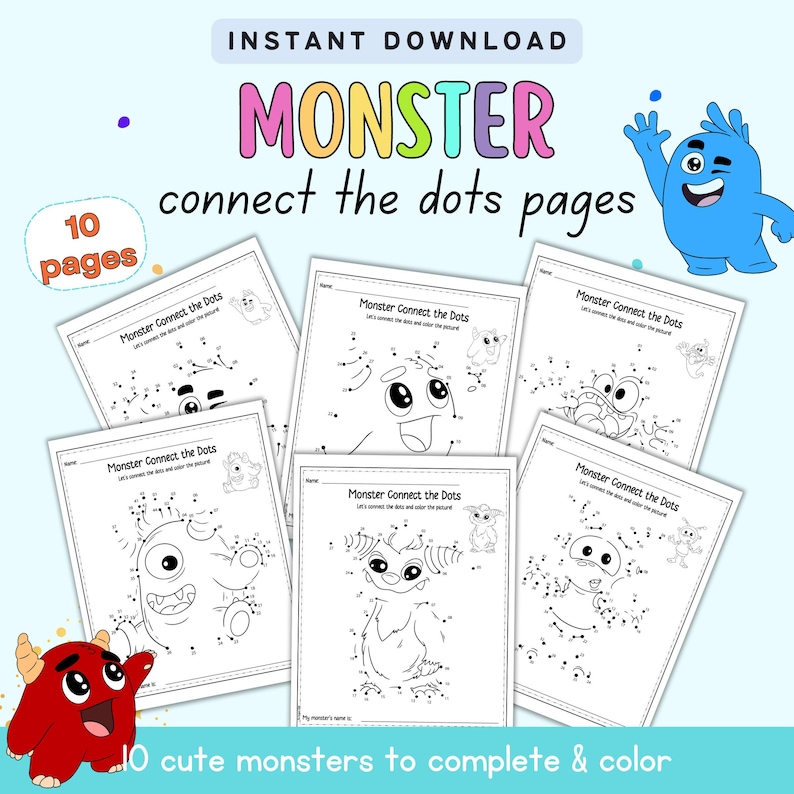 Monster Connect the Dots Worksheets - Cute Monster Dot to Dots for Kindergarten, 1st Grade ...