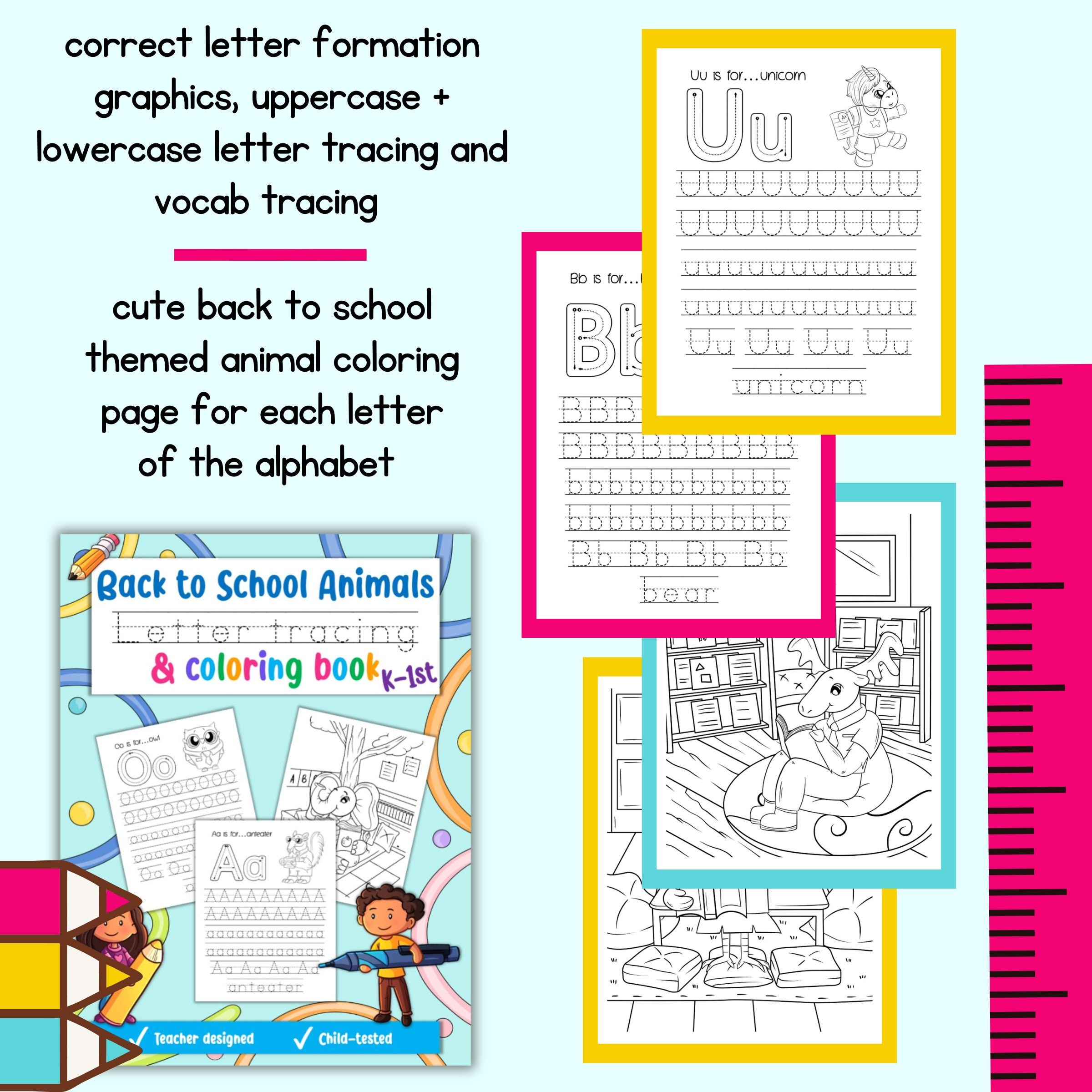 Back to School Alphabet Handwriting Workbook and Animal Coloring Book ...