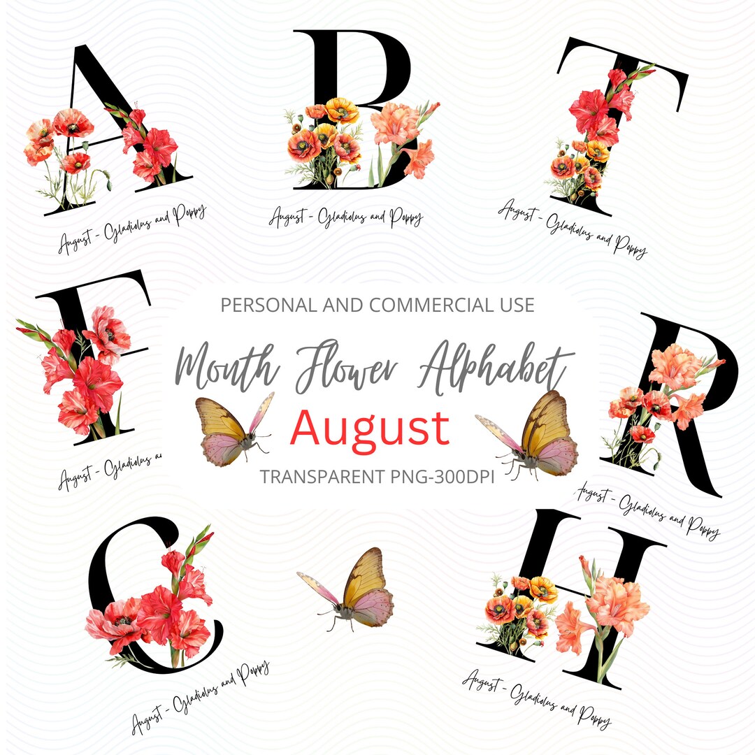 August Flower Alphabet Commercial Use Clipart, Birth Watercolor Flower ...