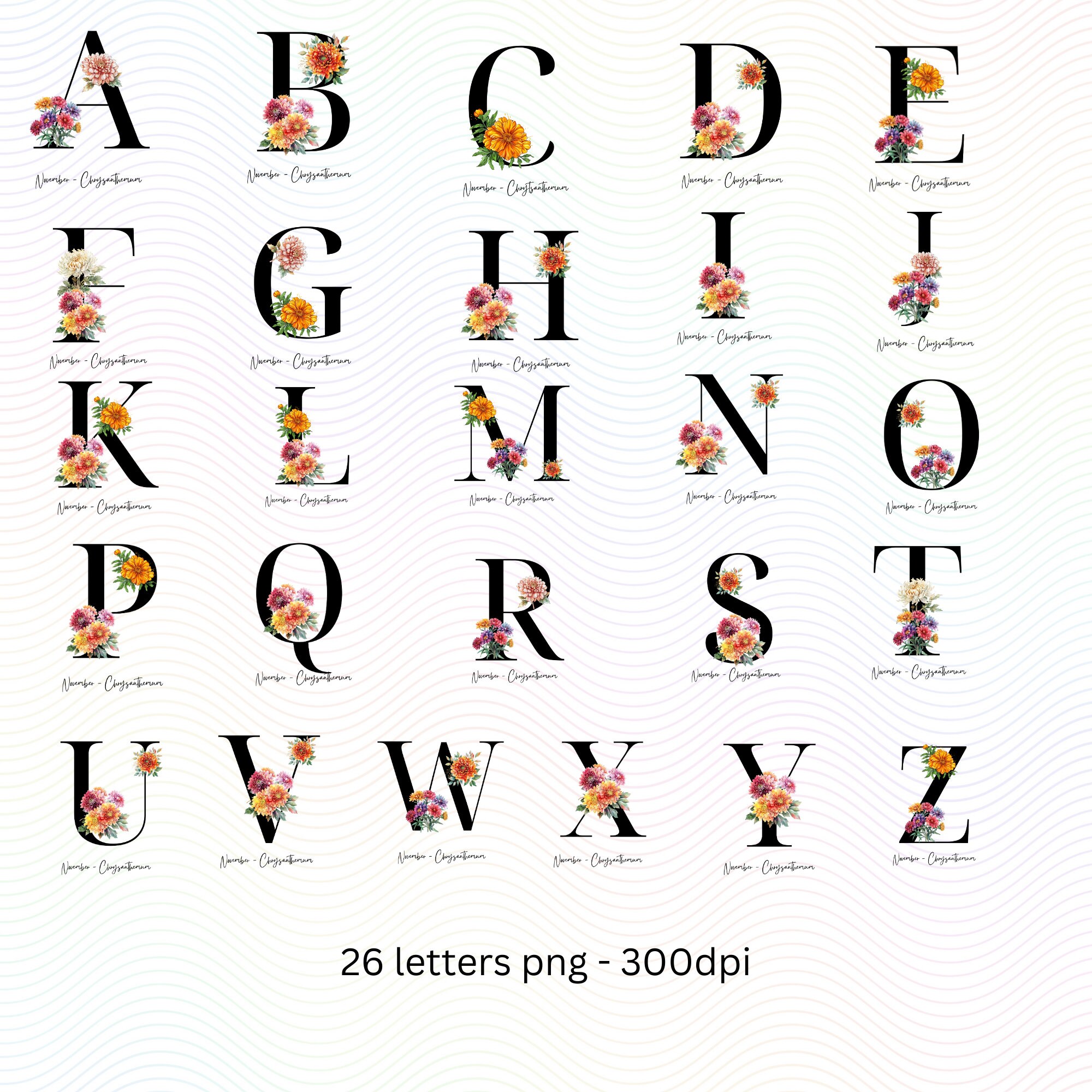 November Birth Flowers Alphabet Clip Art, Commercial Use Floral Letters ...