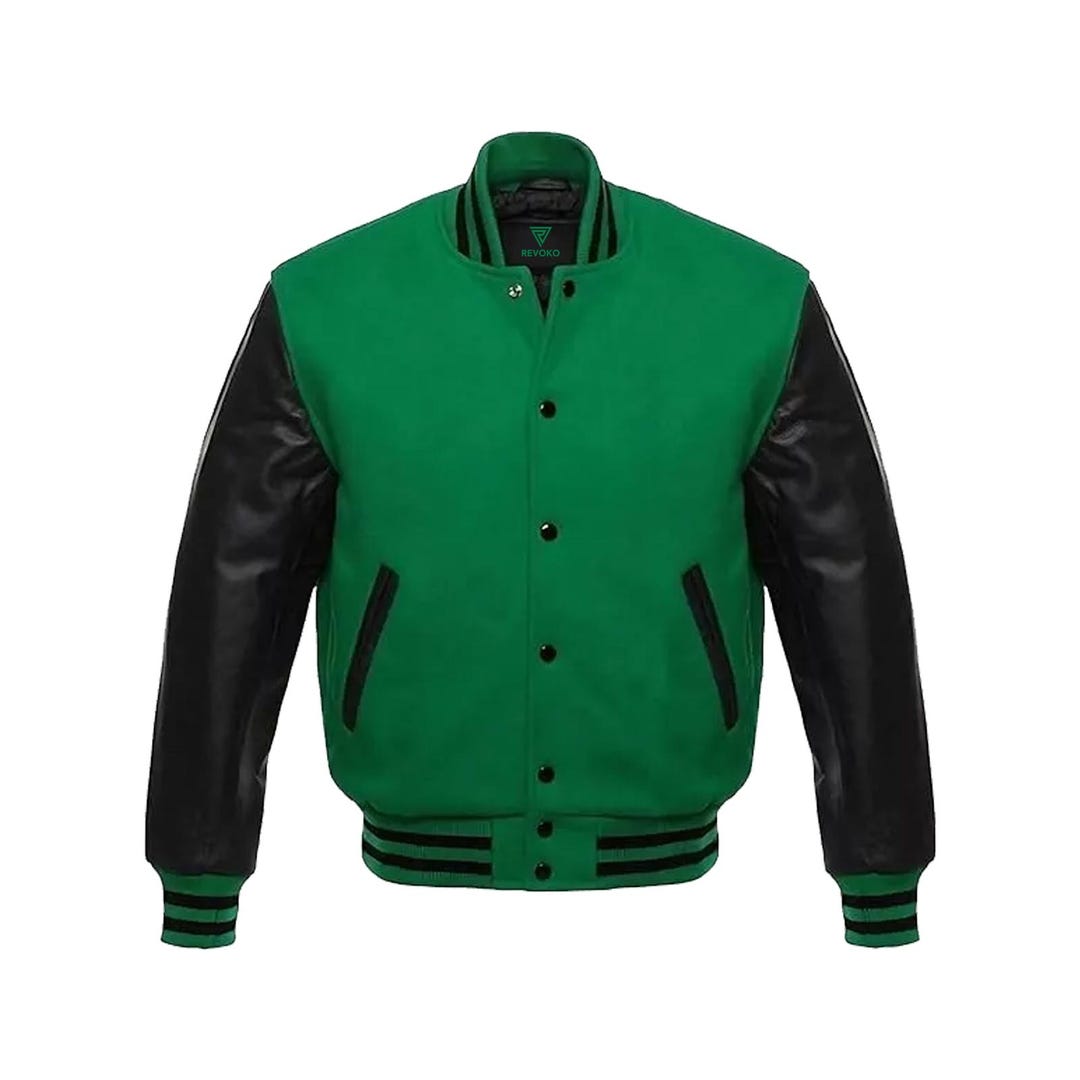 Green Black Varsity Jacket Wool & Real Leather Sleeves Letterman Bomber ...