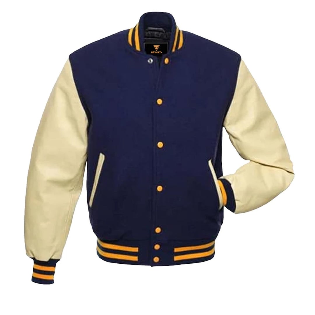 Cream Blue Varsity Jacket Wool & Real Leather Sleeves Letterman Bomber ...