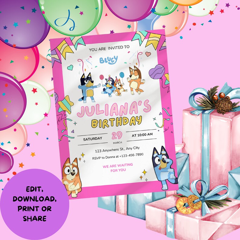 Bluey Girl Birthday Invitations,bluey Birthday Invitation Template ...