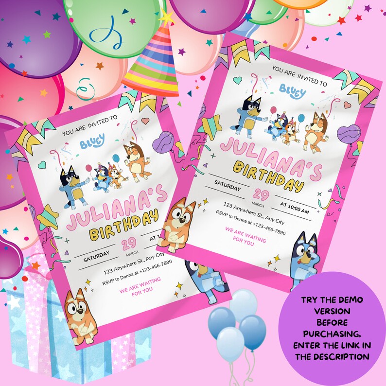 Bluey Girl Birthday Invitations,bluey Birthday Invitation Template ...