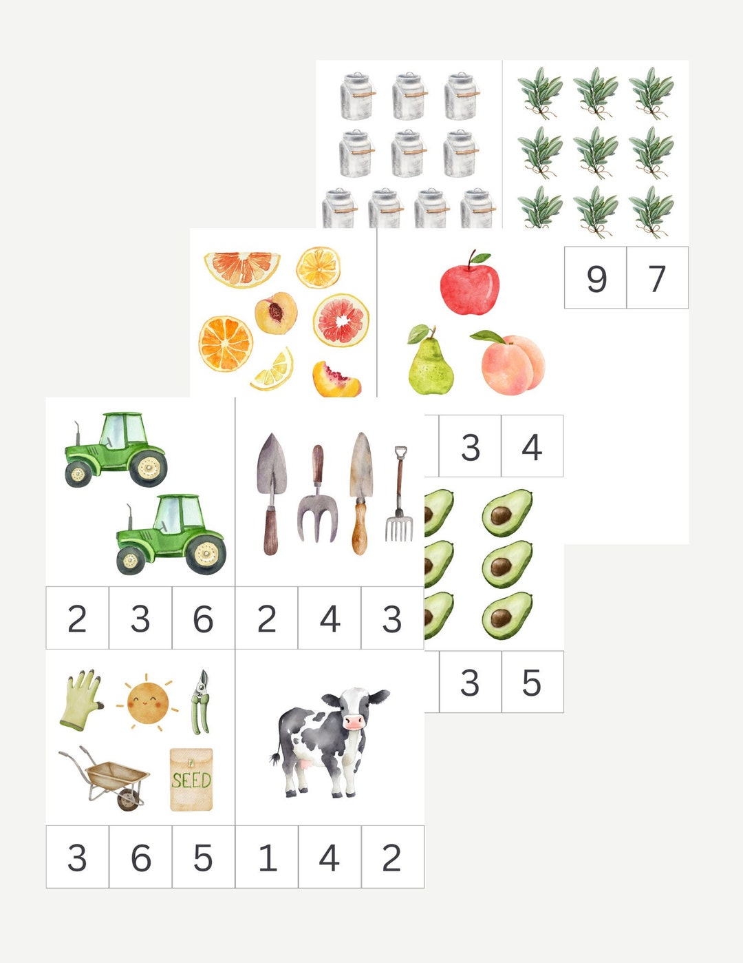 Watercolor Farm Number Matching Cards (1-10), Digital Download, TK ...