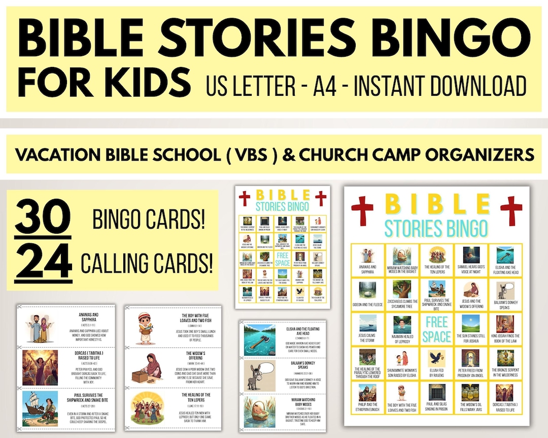 Bible Stories Bingo for VBS and Church Camp - Printable Bible Bingo ...