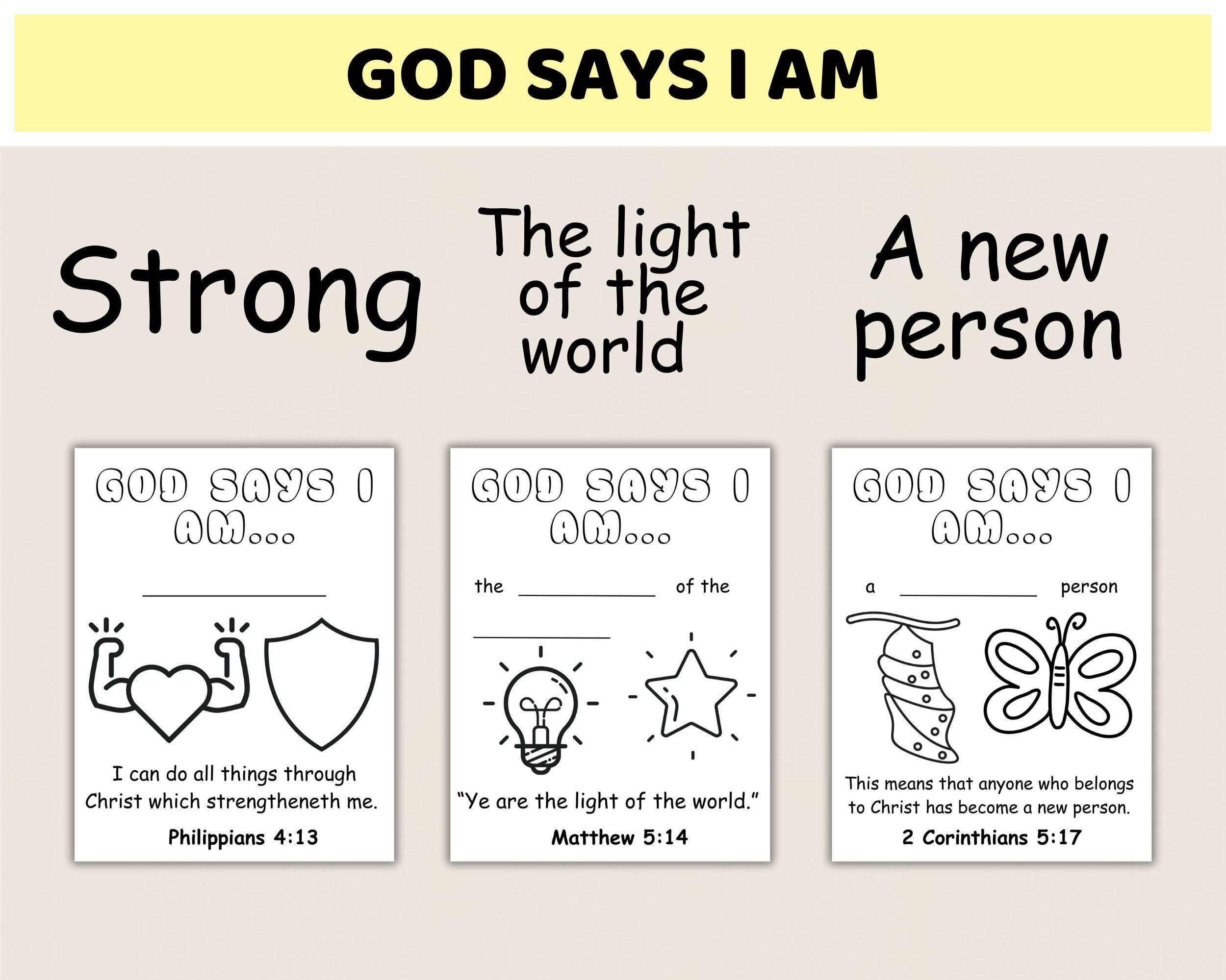 God Says I Am Coloring Craft for Kids - Fill in the Blanks Bible ...