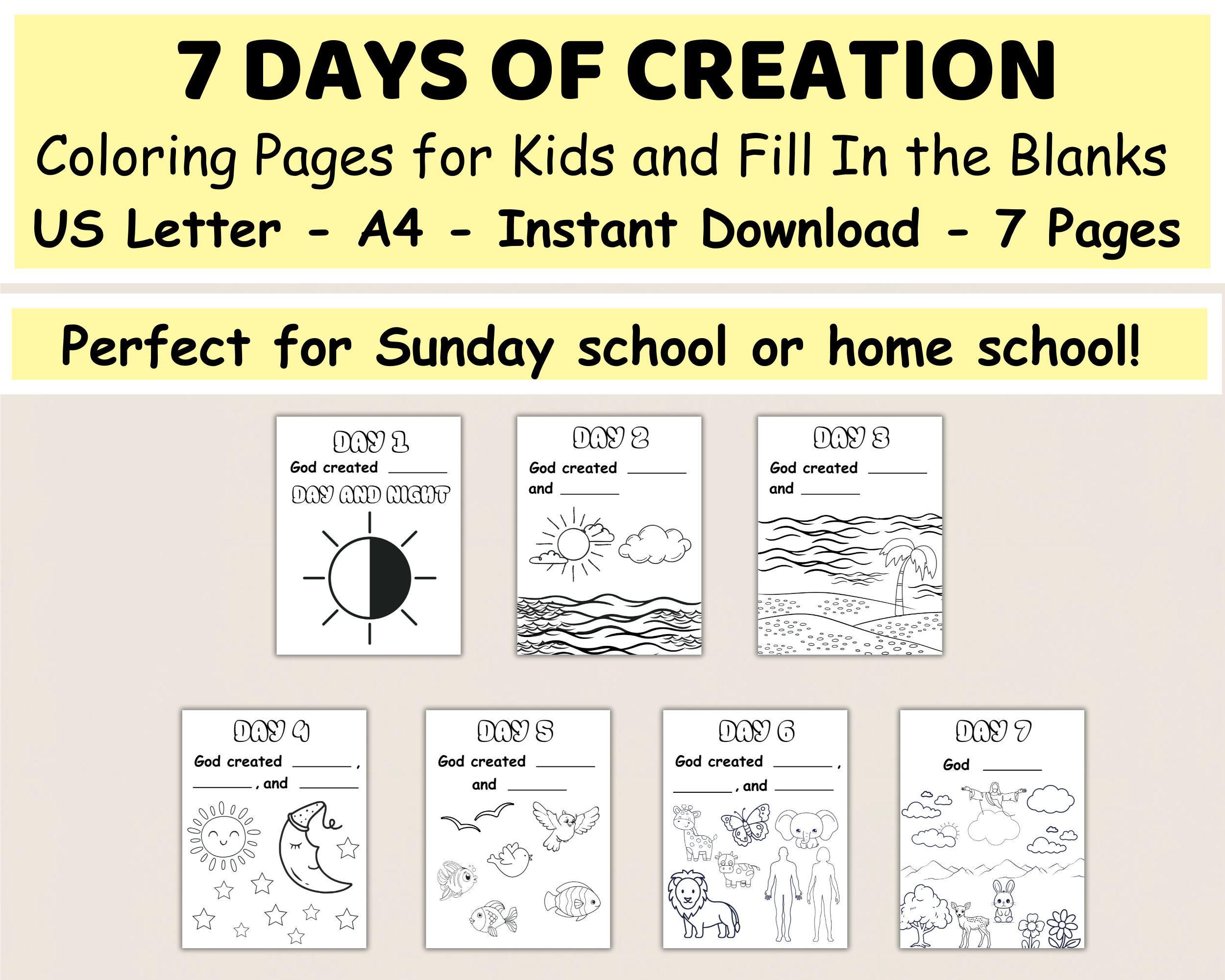 7 Days of Creation Printable Coloring Pages & Fill-in-the-blanks for ...