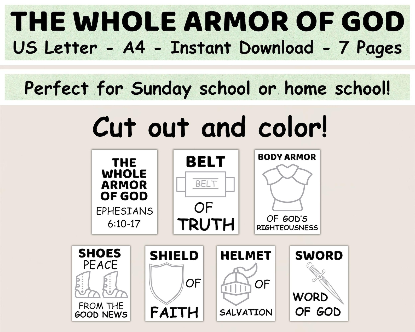 Armor of God Kids Craft Printable Coloring Pages, Bible Craft for ...