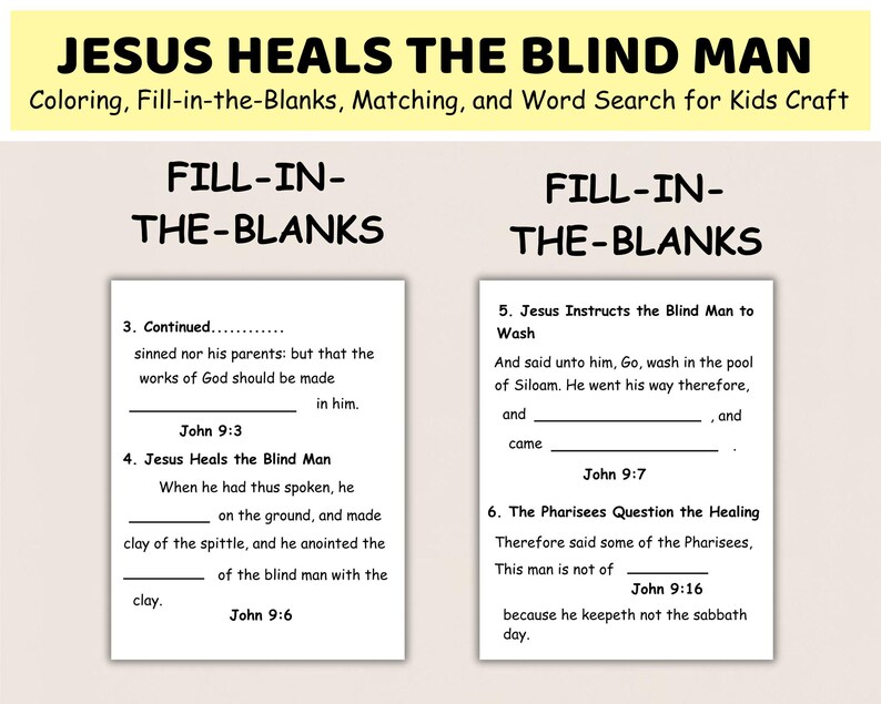 Jesus Heals the Blind Man Craft - KJV Bible Story Coloring, Fill in the ...