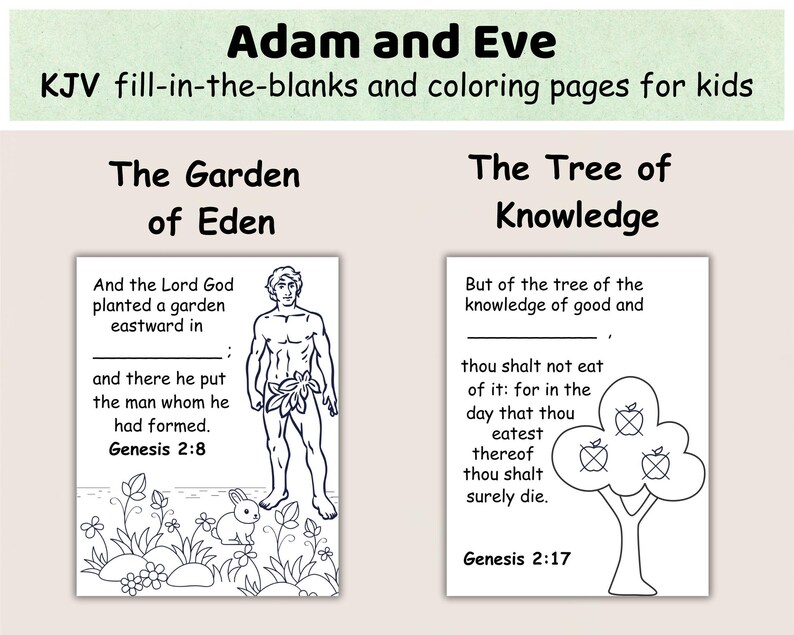 Adam and Eve, KJV Coloring Pages and Fill in the Blanks for Kids, Bible ...