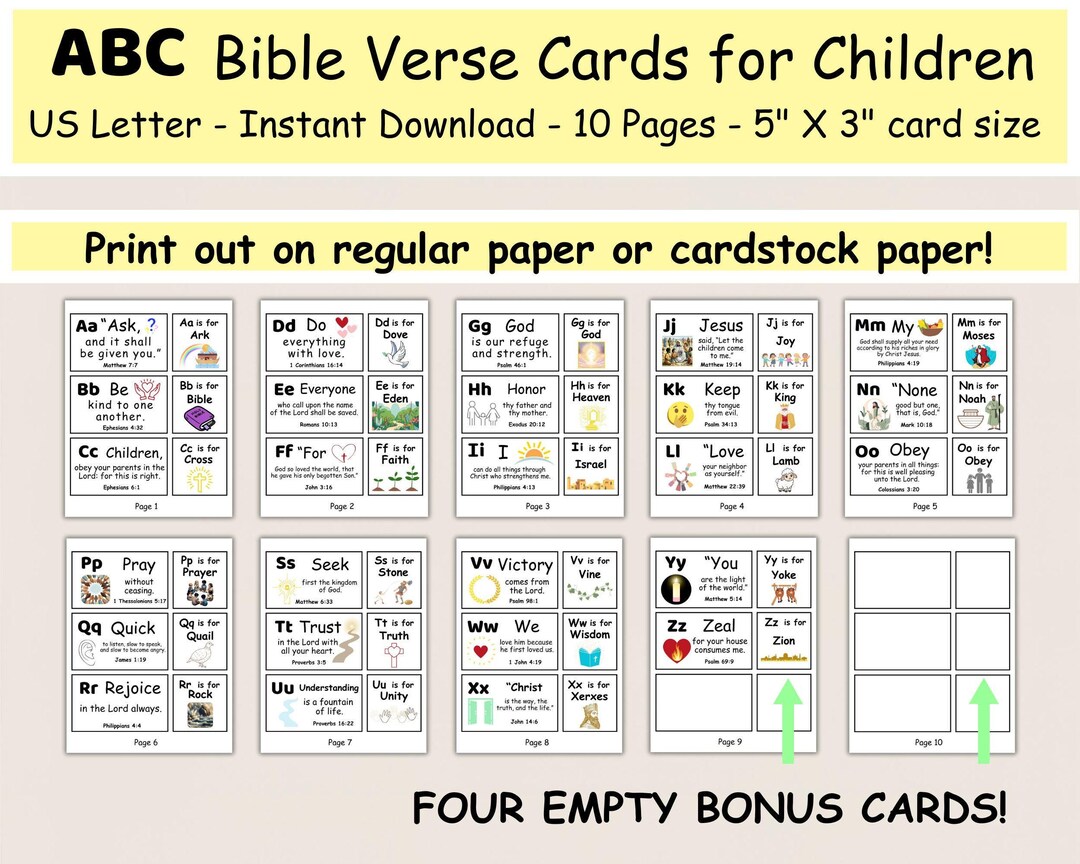 ABC Bible Verse Cards for Children, Printable Download, Christian ...