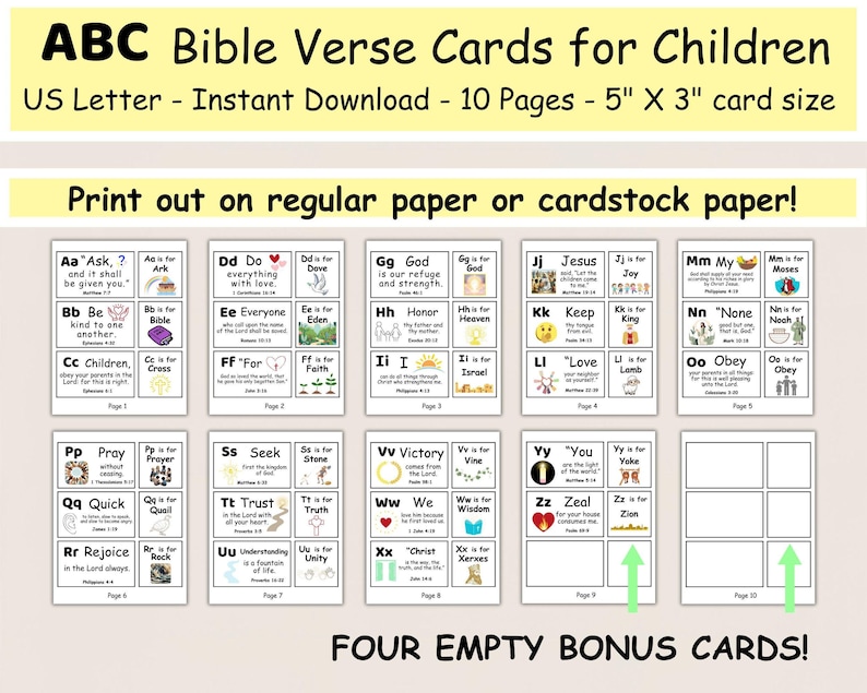 ABC Bible Verse Cards for Children, Printable Download, Christian ...