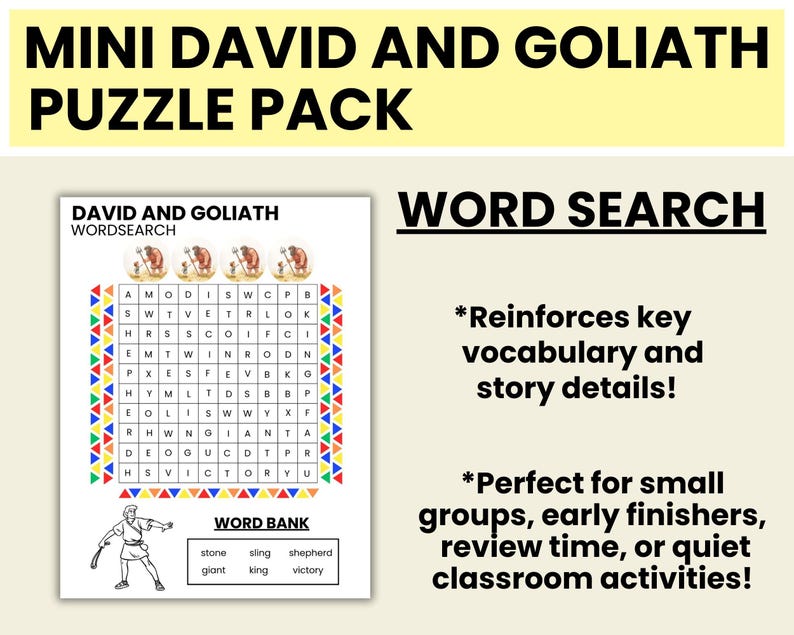 David and Goliath Bible Activity Pages for Kids - Sunday School Puzzle ...