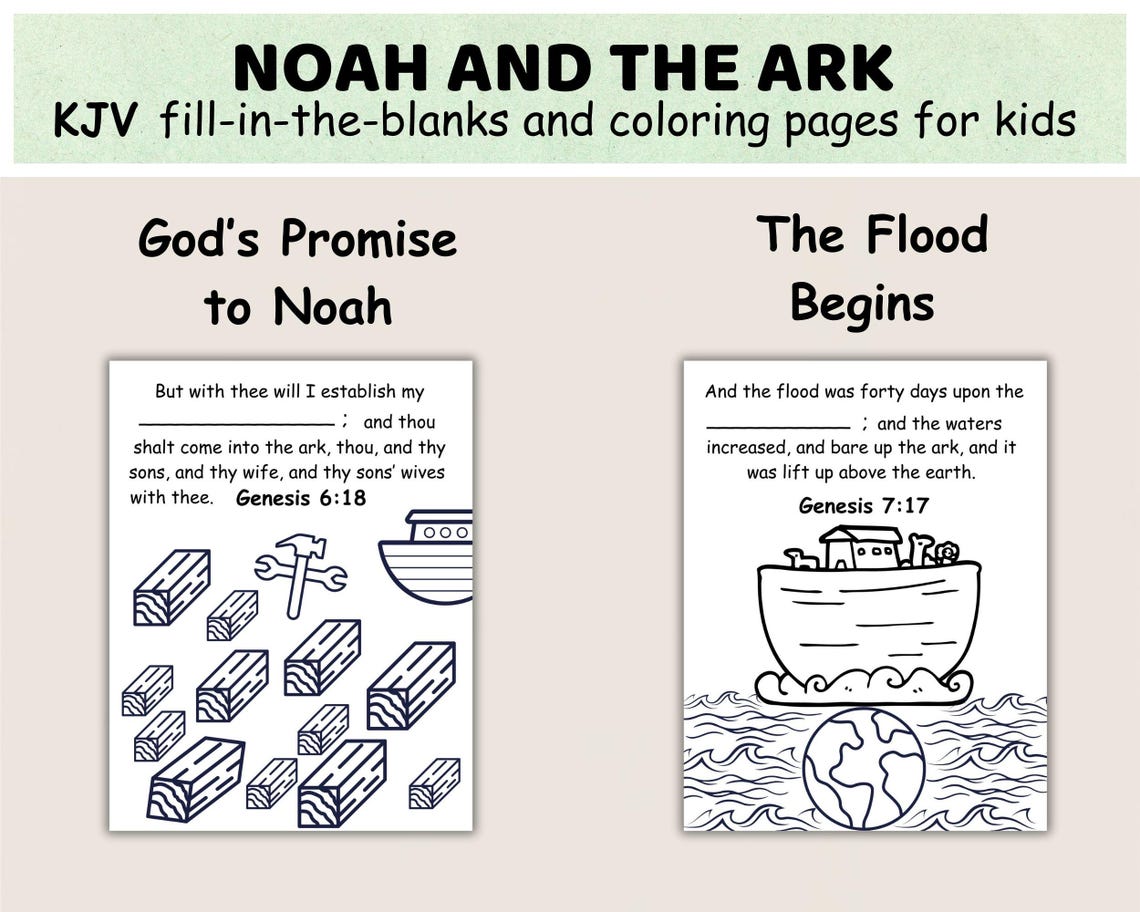 Noah and the Ark, Fill in the Blanks & Coloring Pages for Kids, KJV ...