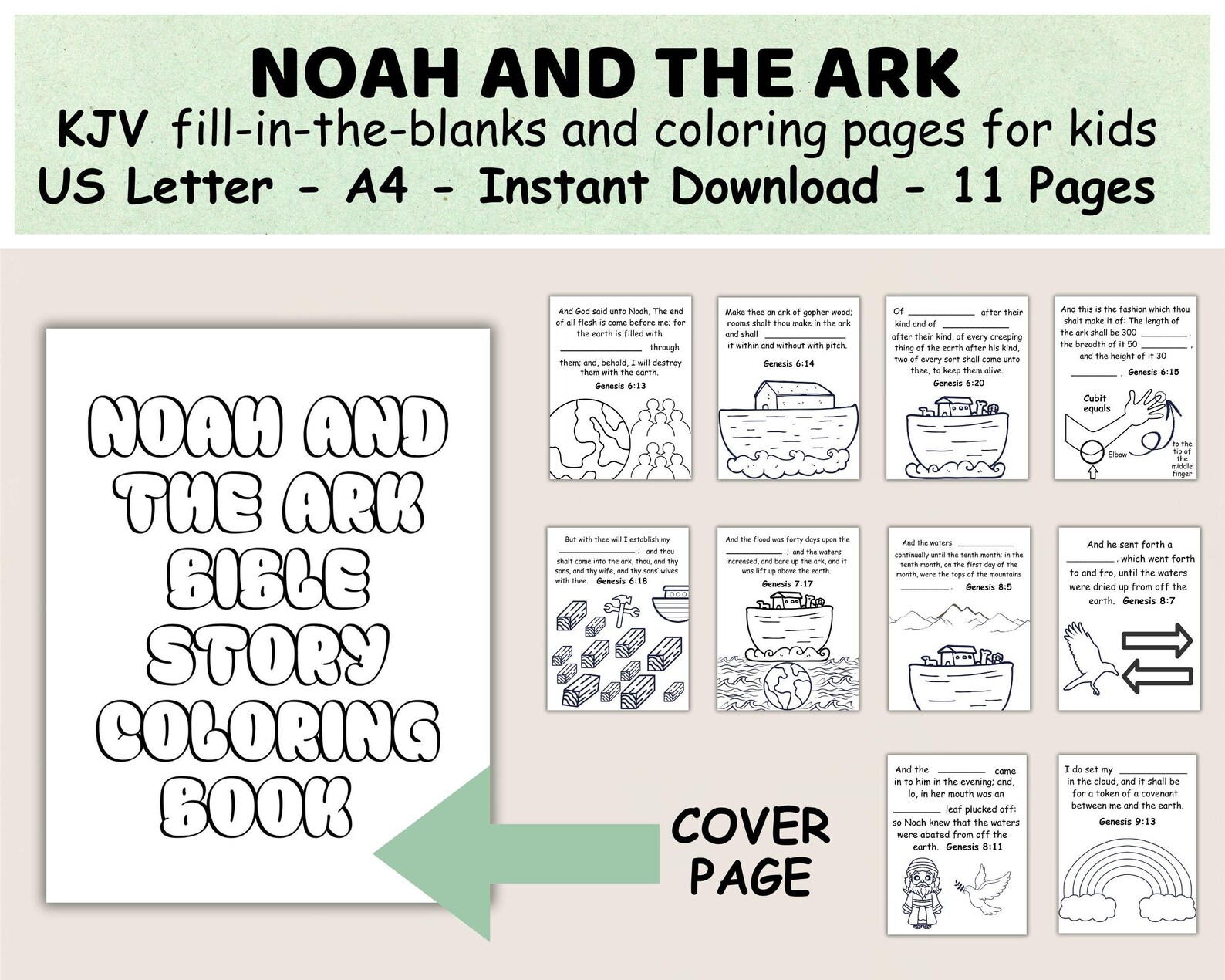Noah and the Ark, Fill in the Blanks & Coloring Pages for Kids, KJV ...