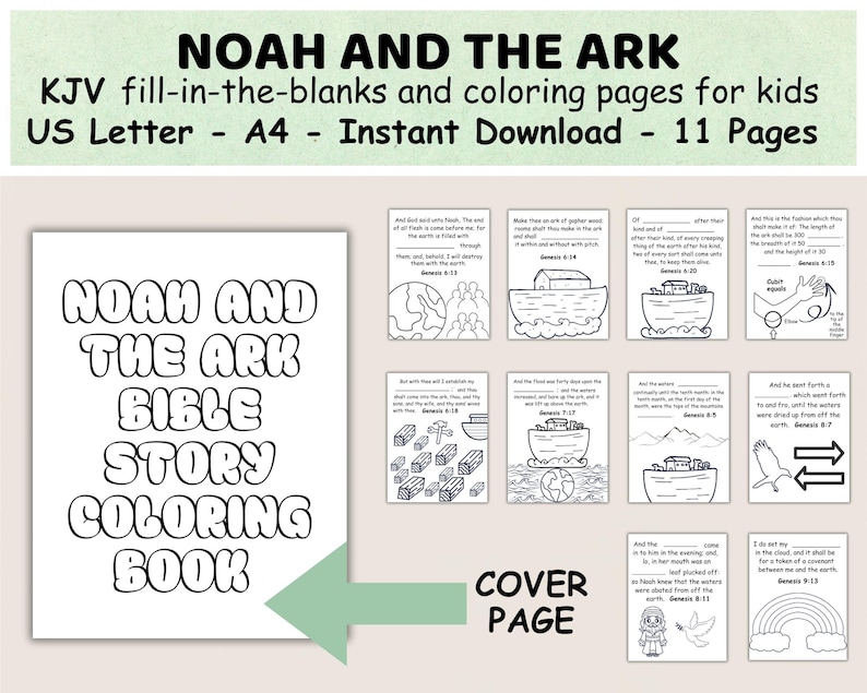 Noah and the Ark, Fill in the Blanks & Coloring Pages for Kids, KJV ...