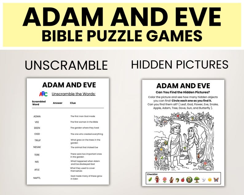 Adam & Eve Bible Puzzle Games for Kids - Christian Printable Activity ...