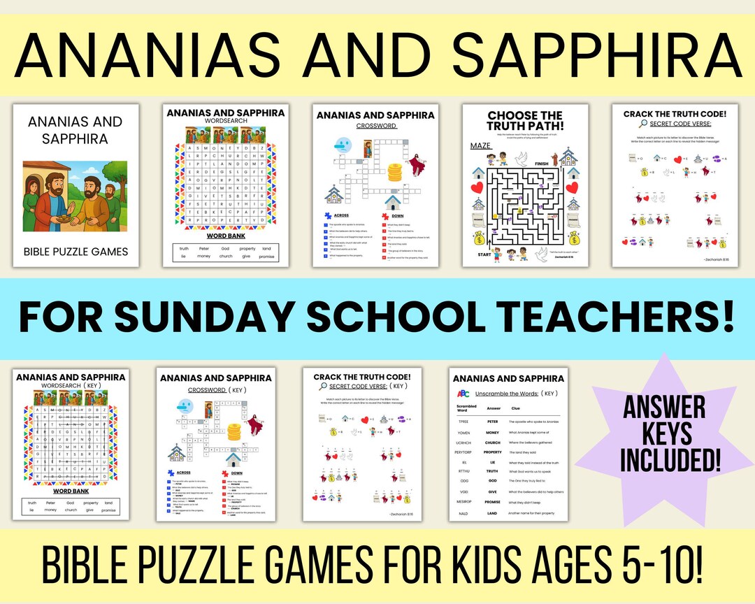 Ananias and Sapphira Bible Puzzle Games - Sunday School Activity Pack ...