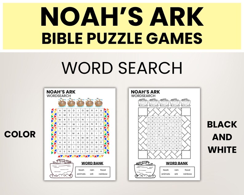 Noah's Ark Bible Puzzle Games for Kids Printable - Fun Bible Activity ...