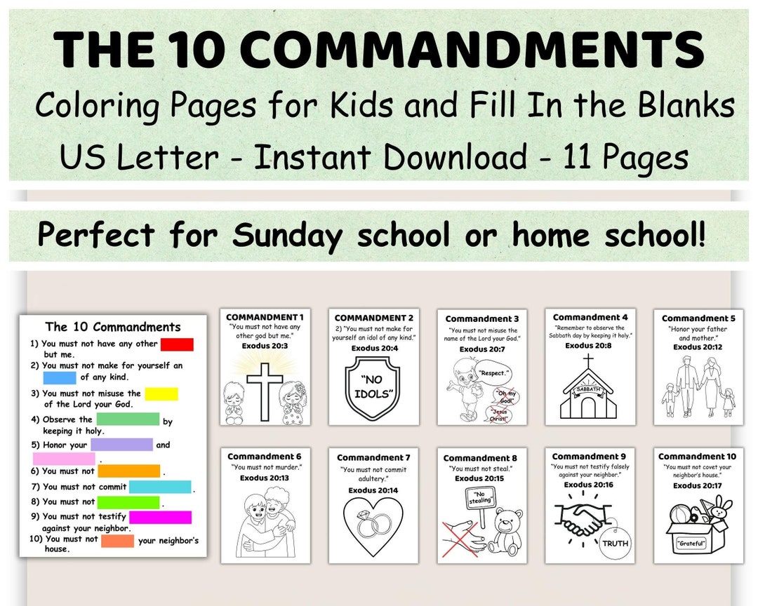10 Commandments Kids Coloring Page & Fill in the Blanks for Sunday ...