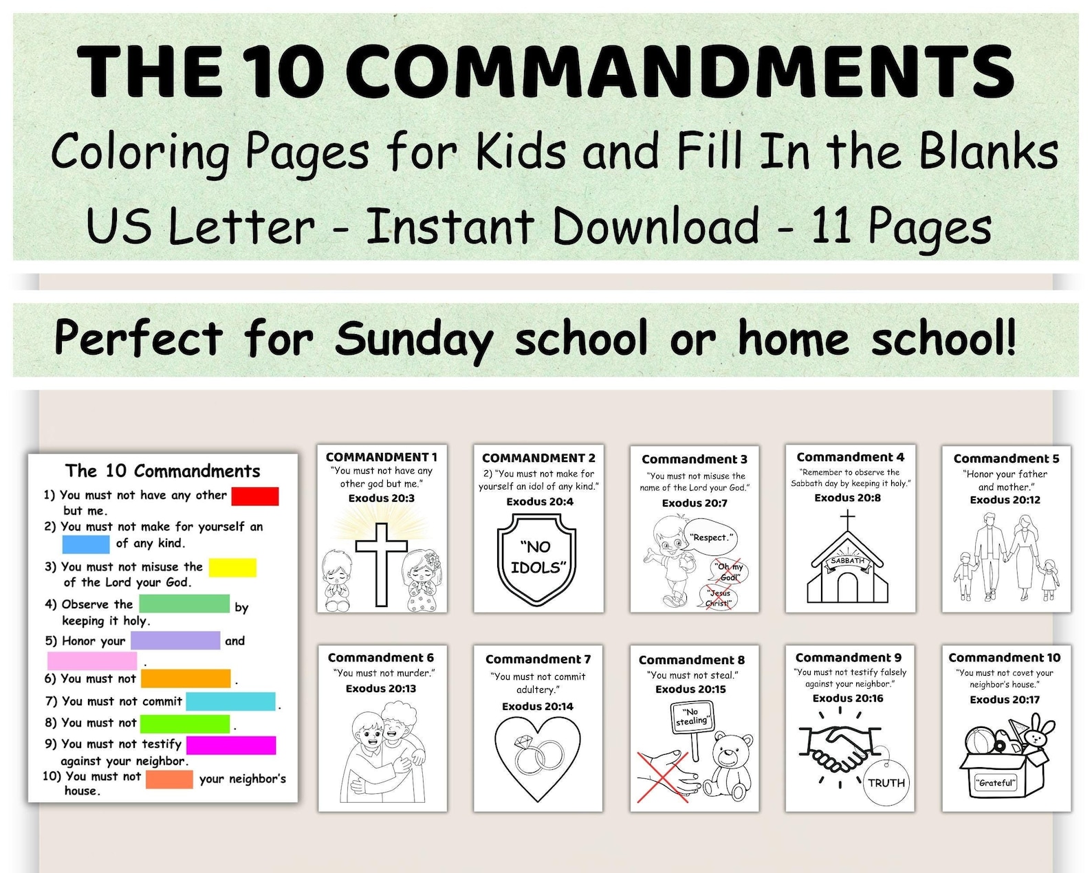 10 Commandments Kids Coloring Page & Fill in the Blanks for Sunday ...