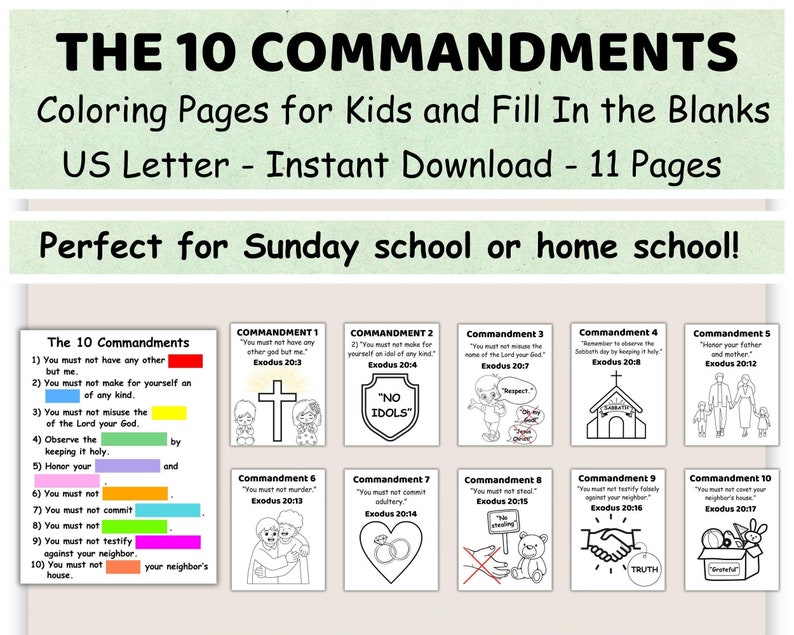 10 Commandments Kids Coloring Page & Fill in the Blanks for Sunday ...