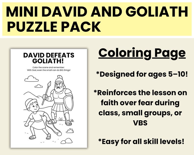 David and Goliath Bible Activity Pages for Kids - Sunday School Puzzle ...