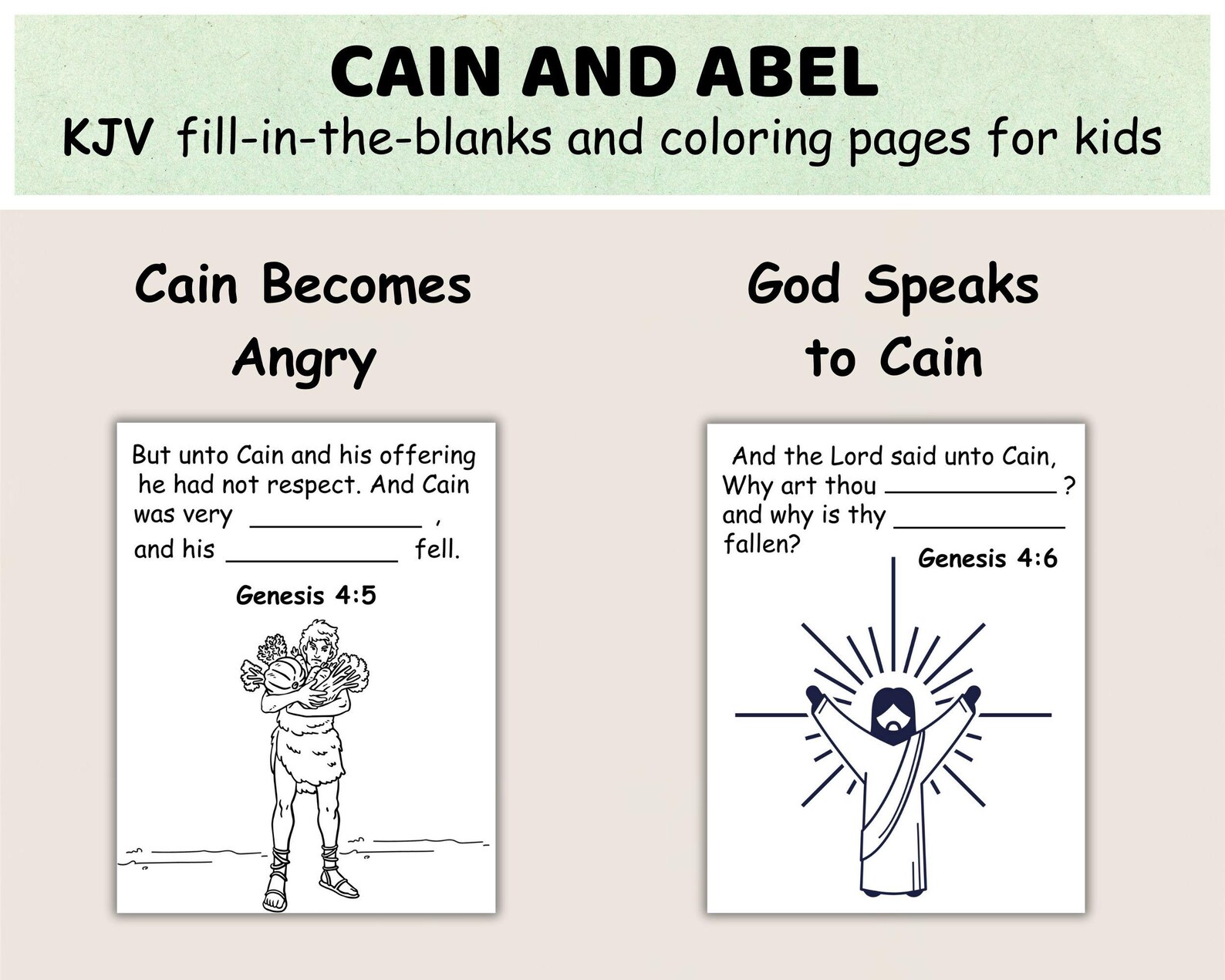 Cain and Abel, Fill in the Blanks & Coloring Pages for Kids, Sunday ...