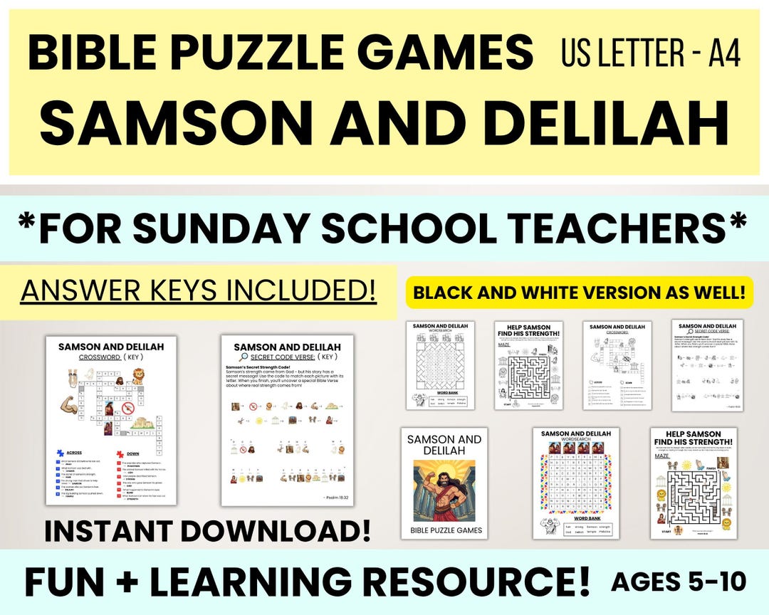 Sunday School Samson and Delilah Activity Pack - Bible Puzzle Games for ...