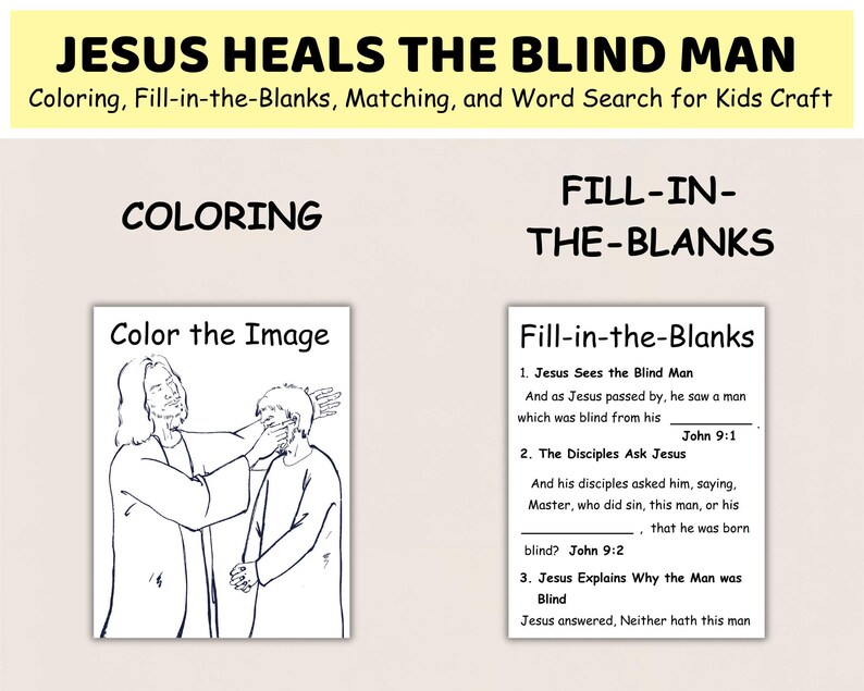 Jesus Heals the Blind Man Craft - KJV Bible Story Coloring, Fill in the ...